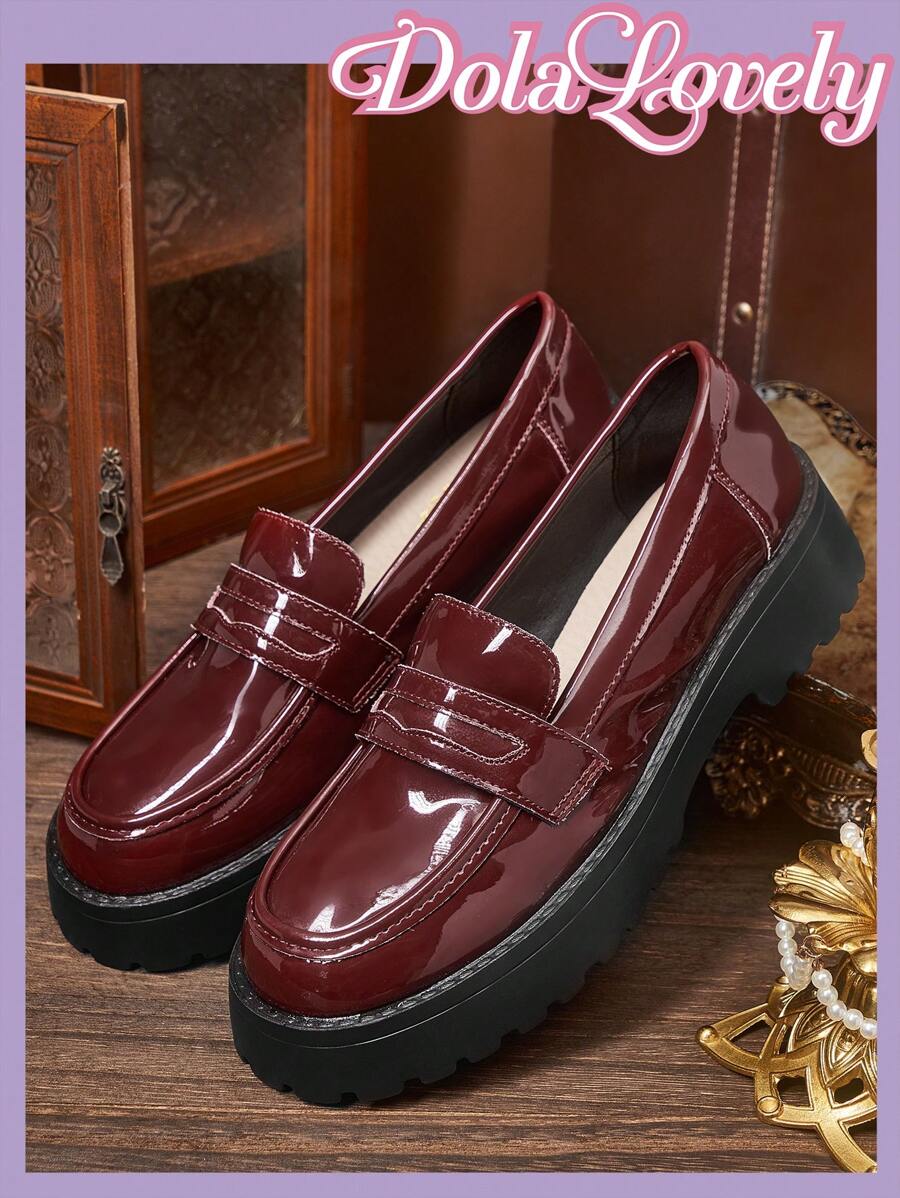 Dola Lovely Ladies' Black Fashionable Versatile Platform Slip-On Loafers BURGUNDY Loafers Spring ...