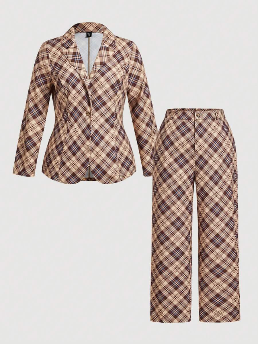 SHEIN MOD Plus Size Vintage Plaid Elegant Blazer & Trouser 2 Pieces Set ...