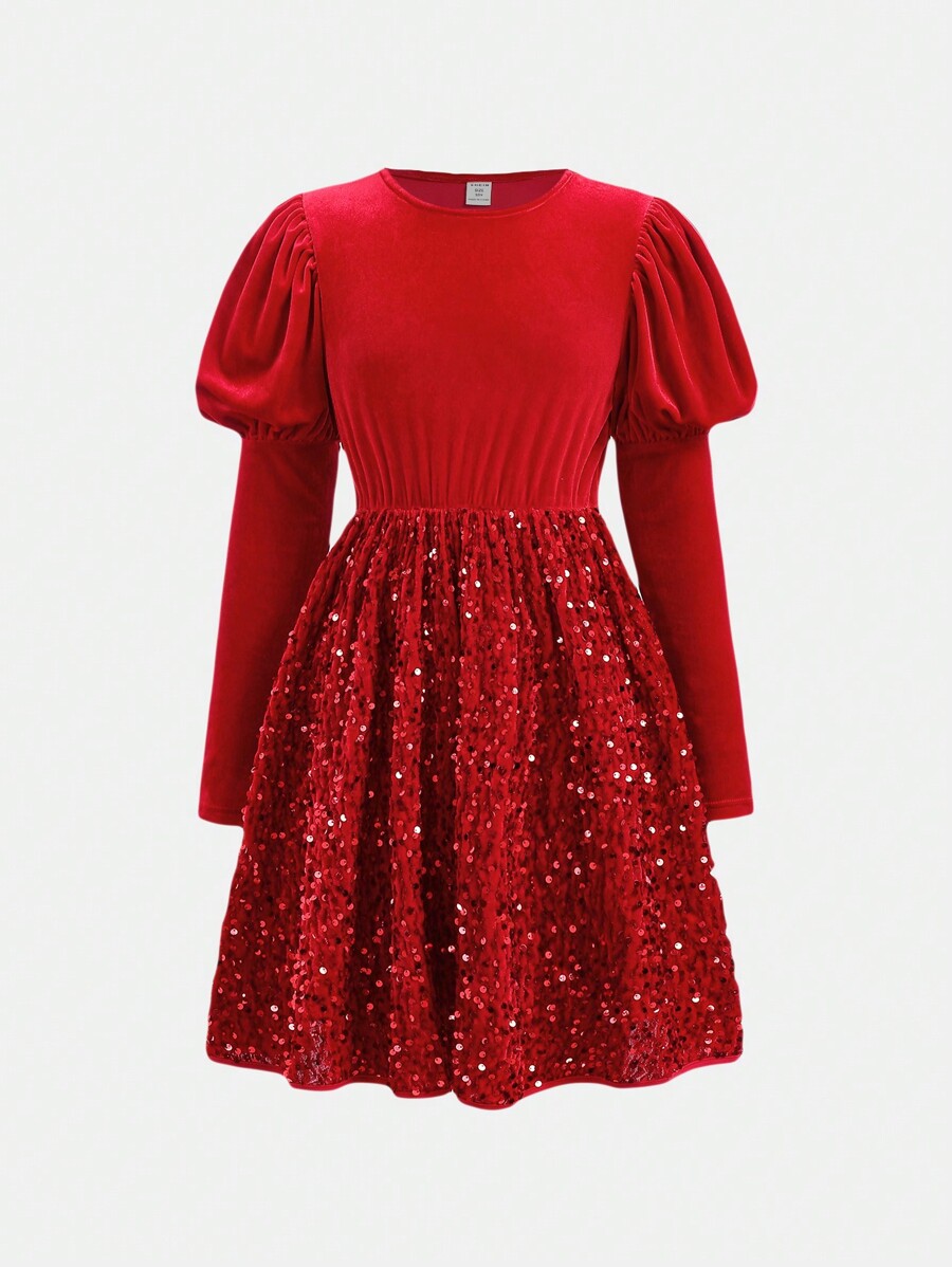 SHEIN Tween Girl Christmas Red Velvet Contrast Sequin Embellished Long ...