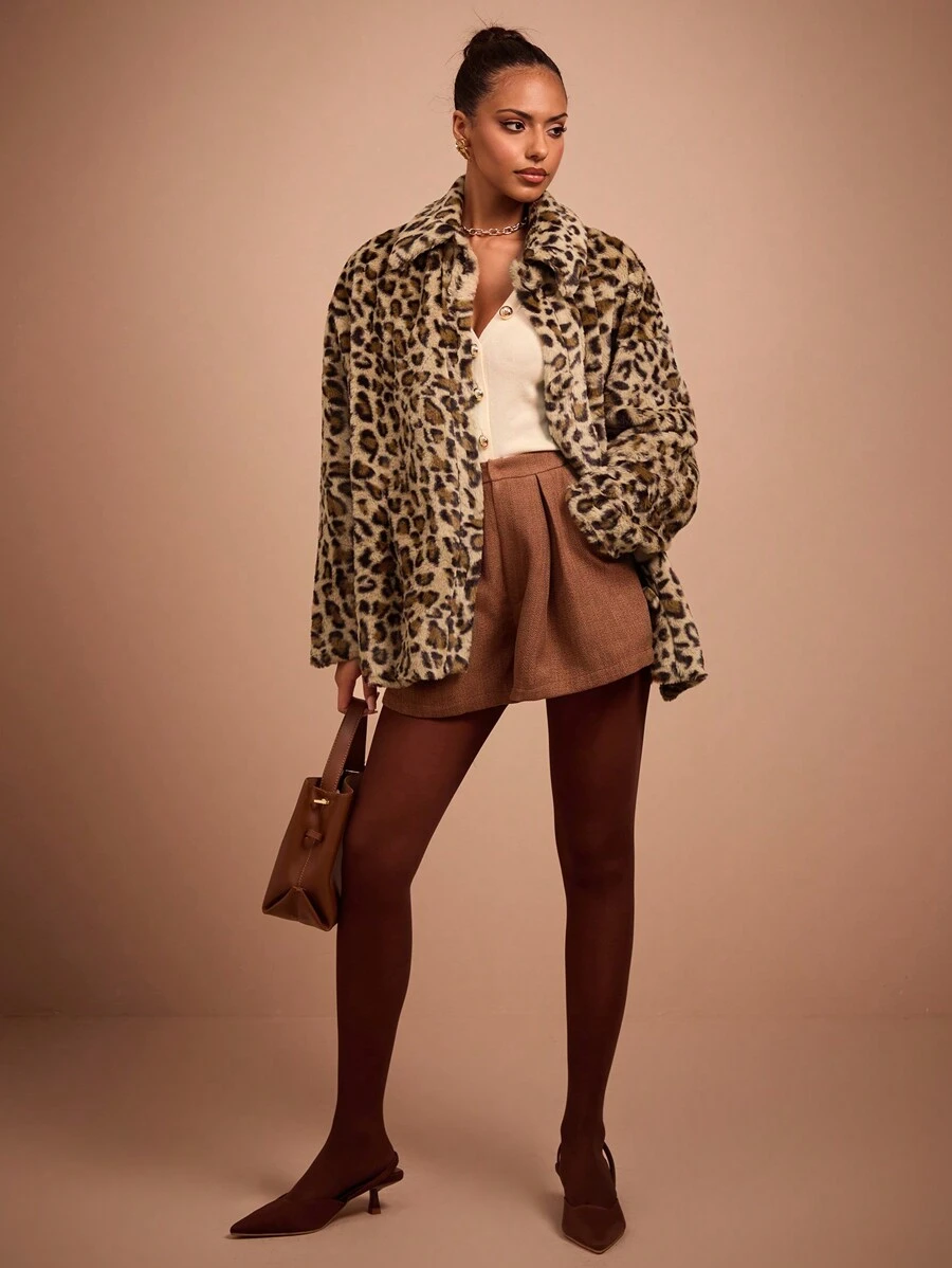 COSMINA Women Leopard Print Fuzzy Front Button Long Sleeve Regular ...