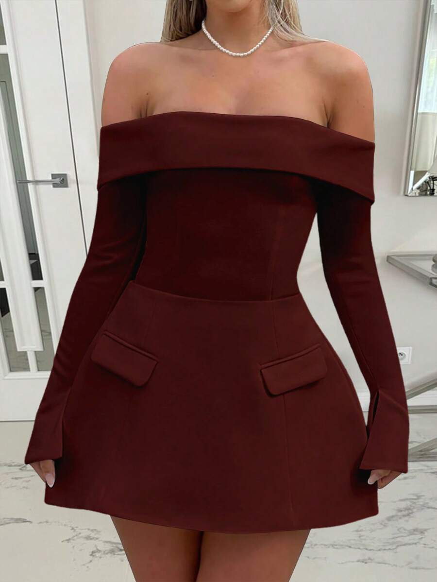 INAWLY Women Elegant Off-Shoulder Long Sleeve Pocket Casual Simple Mini ...