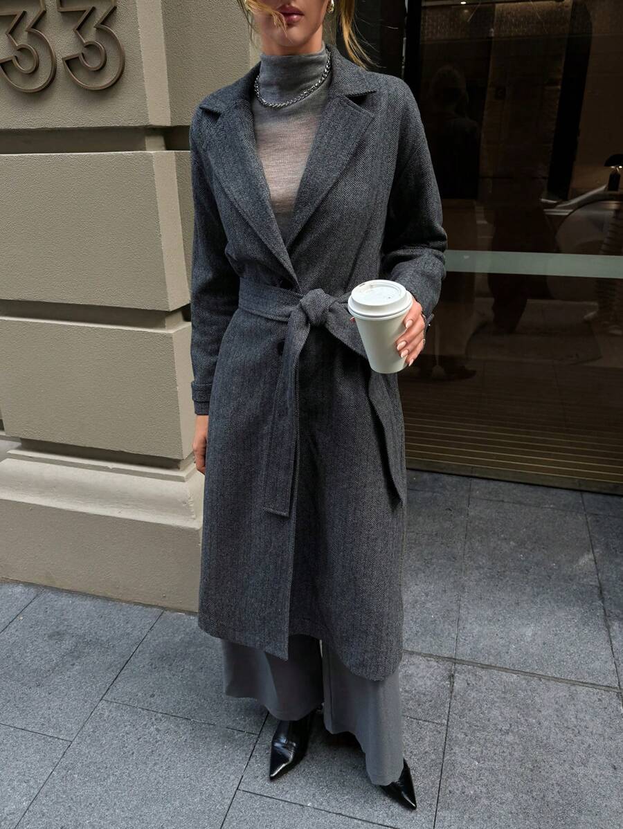 EURMUSE Women's Long Coat With Collar, Button Front, Tie-Waist And ...