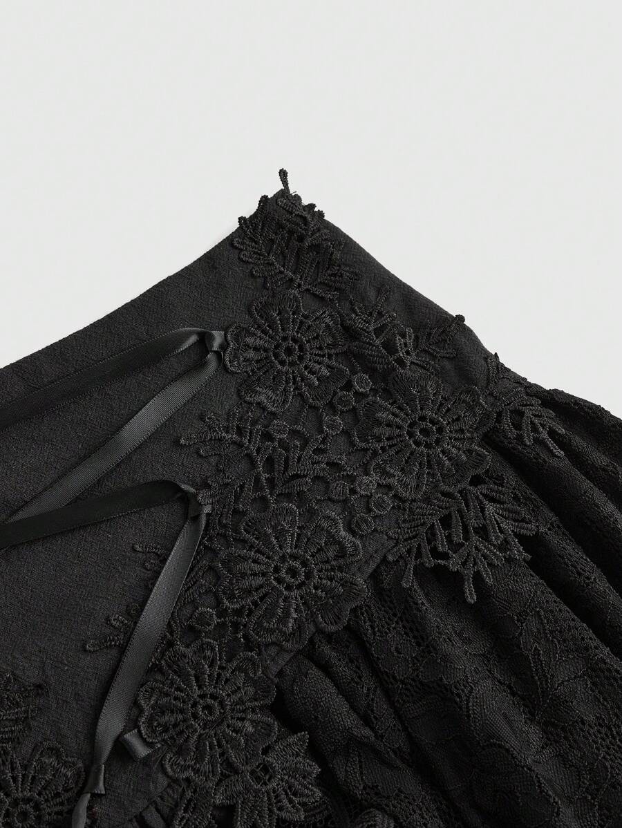 ROMWE Goth Plus Size Women Gothic Lace Trim Mesh Midi Skirt With Waist Tie | SHEIN USA