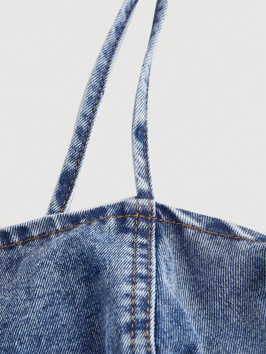 SHEIN MOD Large Size Blue Denim Top With Casual Suspenders And Ruffles ...