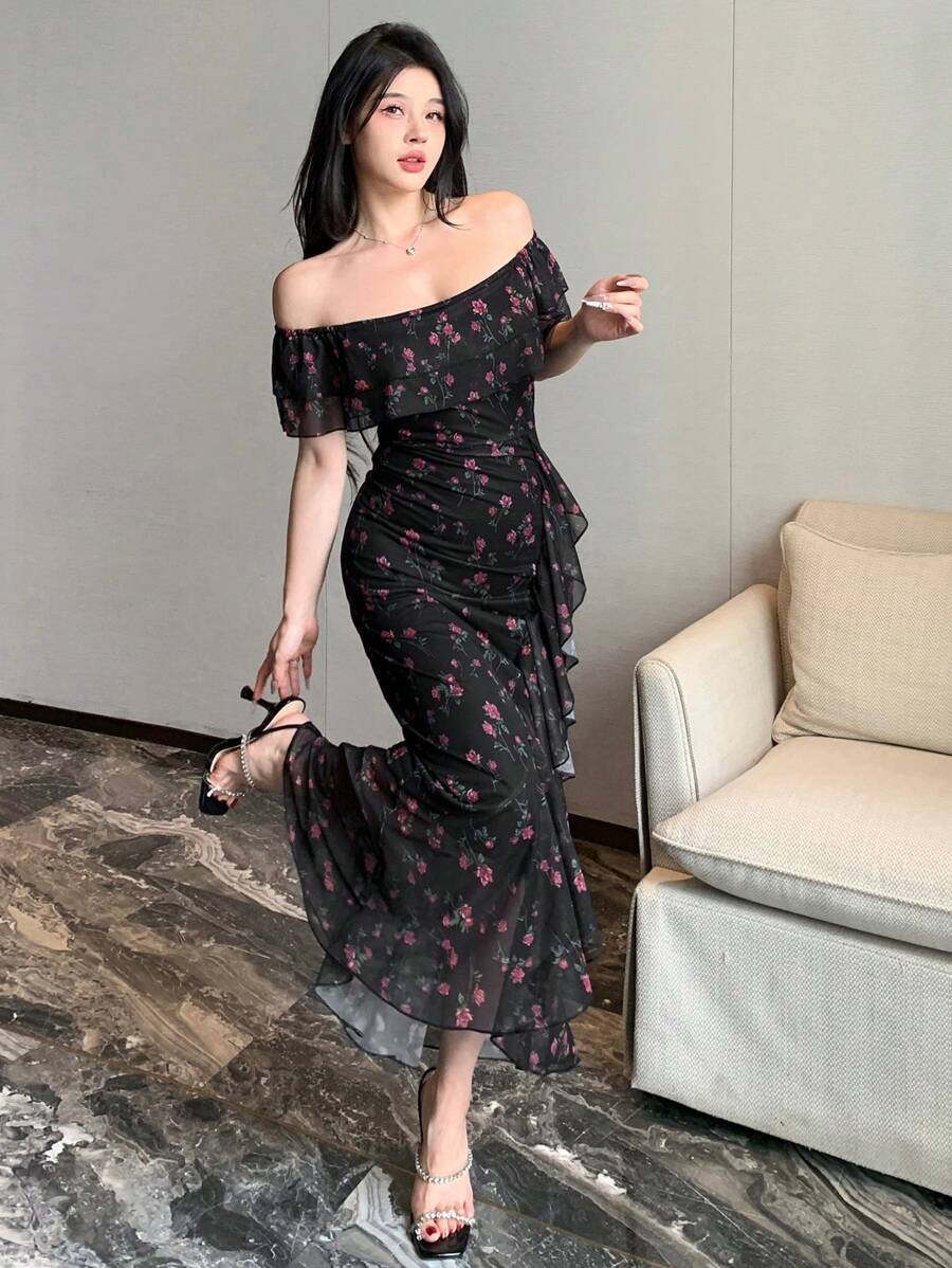 DAZY Plant Ditsy Floral Allover Print Floral Ruffle Trim Off Shoulder Fishtail Midi Dress Summer ...