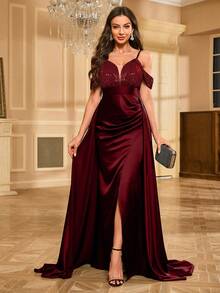 Satin-Kleid mit Pailletten und Spaghettiträgern, elegantes formelles ...