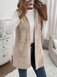 SHEIN LUNE Open Front Hooded Plush Vest Coat | SHEIN USA