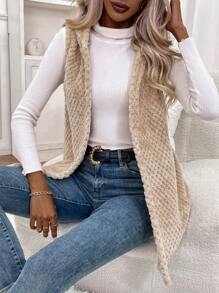 SHEIN LUNE Open Front Hooded Plush Vest Coat | SHEIN USA