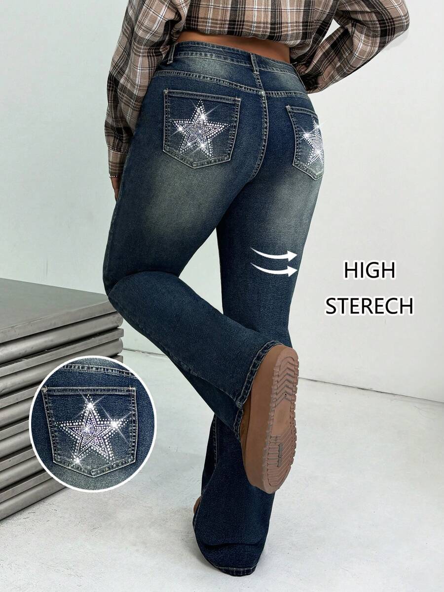 SHEIN ICON Plus Size Starry Rhinestone Decor Blue Elastic Skinny Flared ...