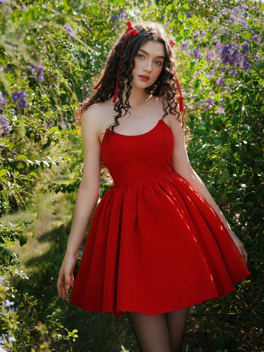 SHEIN MOD Red Mini Puff Dress. The Boning And Layers Of Pleated Skirt ...