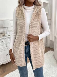 SHEIN LUNE Open Front Hooded Plush Vest Coat | SHEIN USA