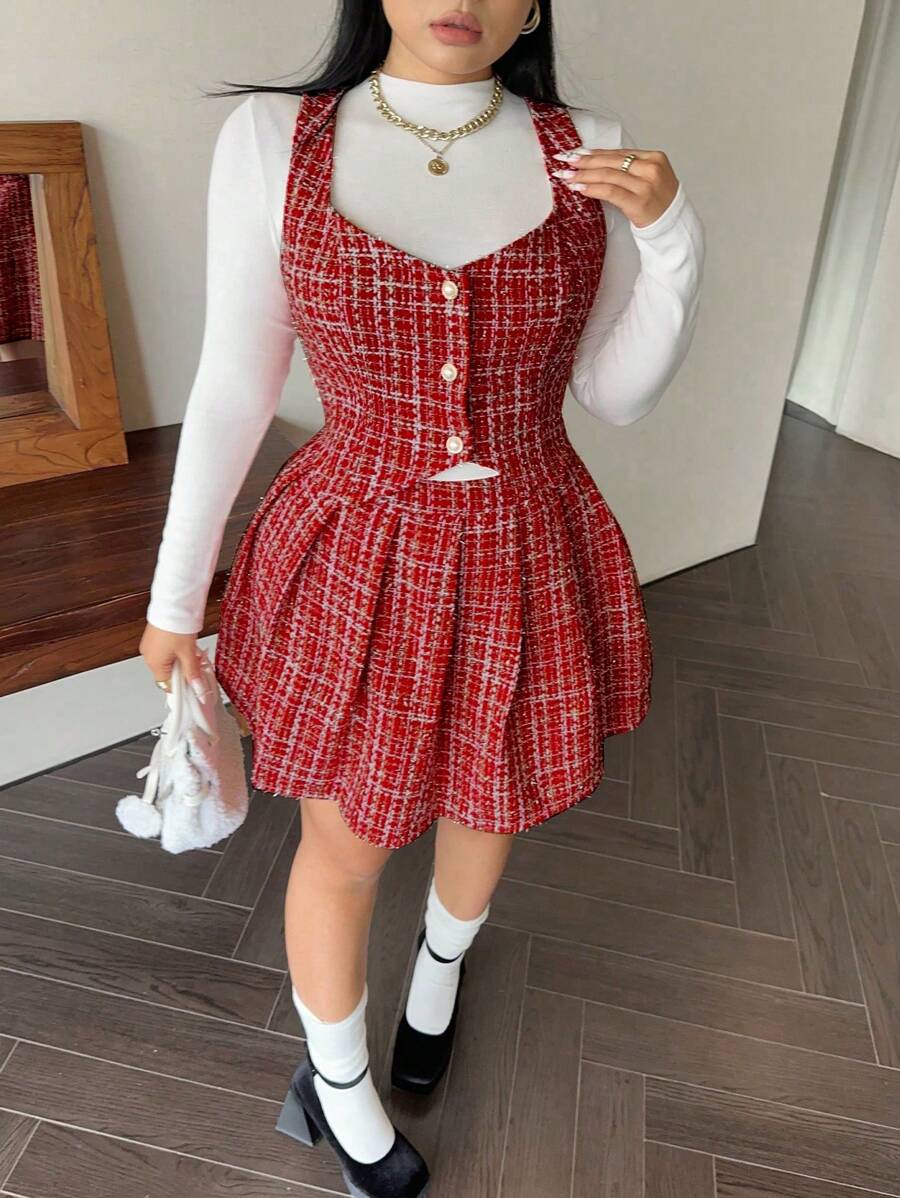 Flirla 2pcs/Set Plus Size Knit Sweater Vest & Pleated A-Line Skirt Set ...