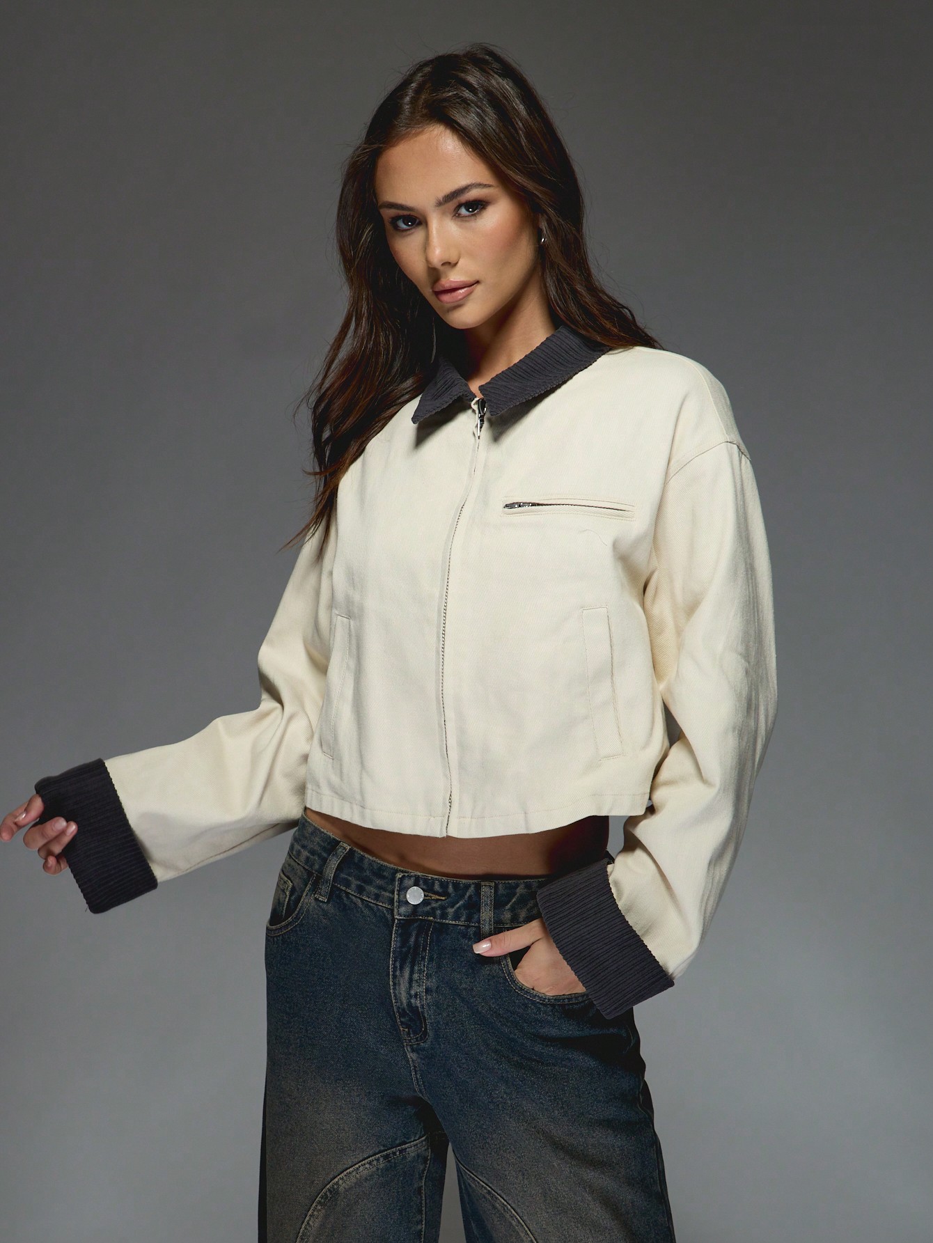 Contrast Collar And Cuffs Boxy Cotton Jacket Winter Wear｜MISSGUIDED