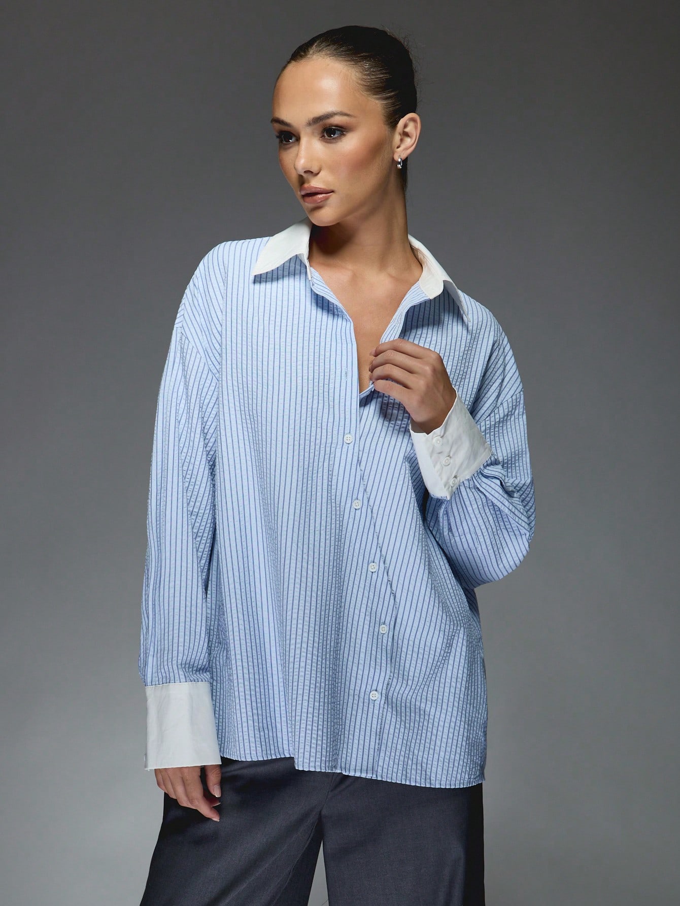 Textured Stripe Contrast Collar And Cuffs Longline Shirt Blouse ...