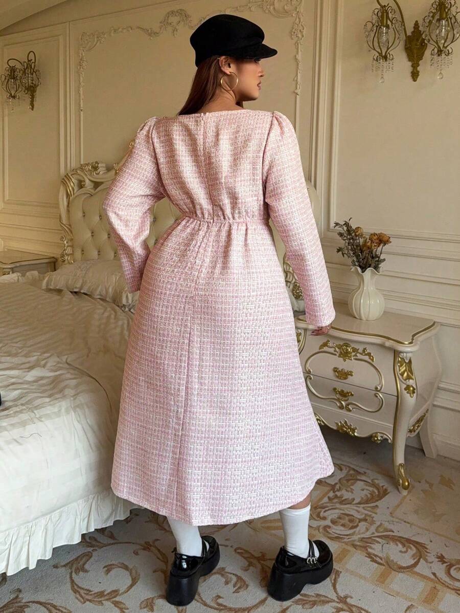SHEIN MOD Robe tweed à manches longues et col carré, grande taille ...