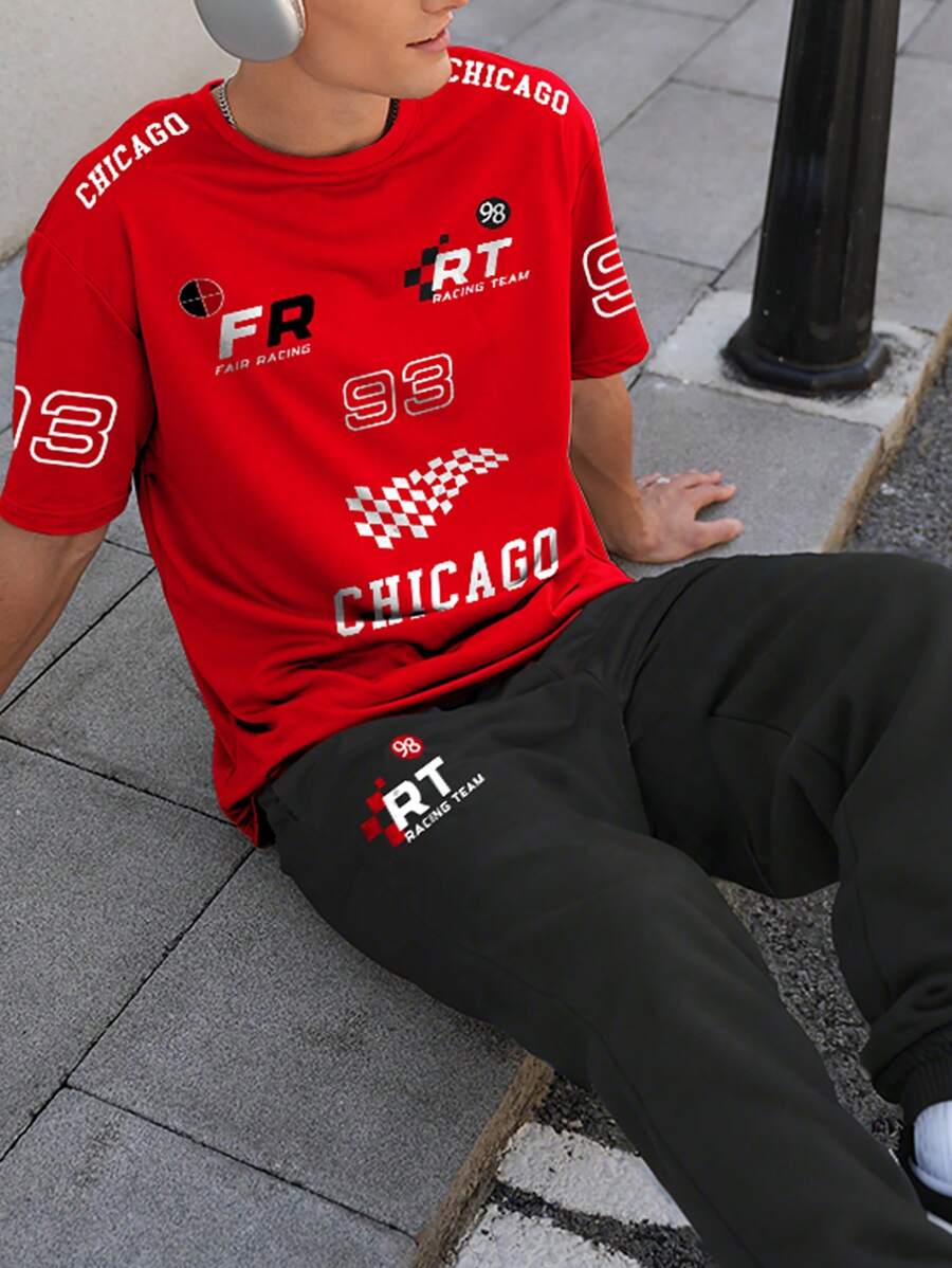 Manfinity Sporsity ชุดลำลองชายเสื้อยืดแขนสั้นคอกลมพิมพ์ตัวอักษรกับ ...