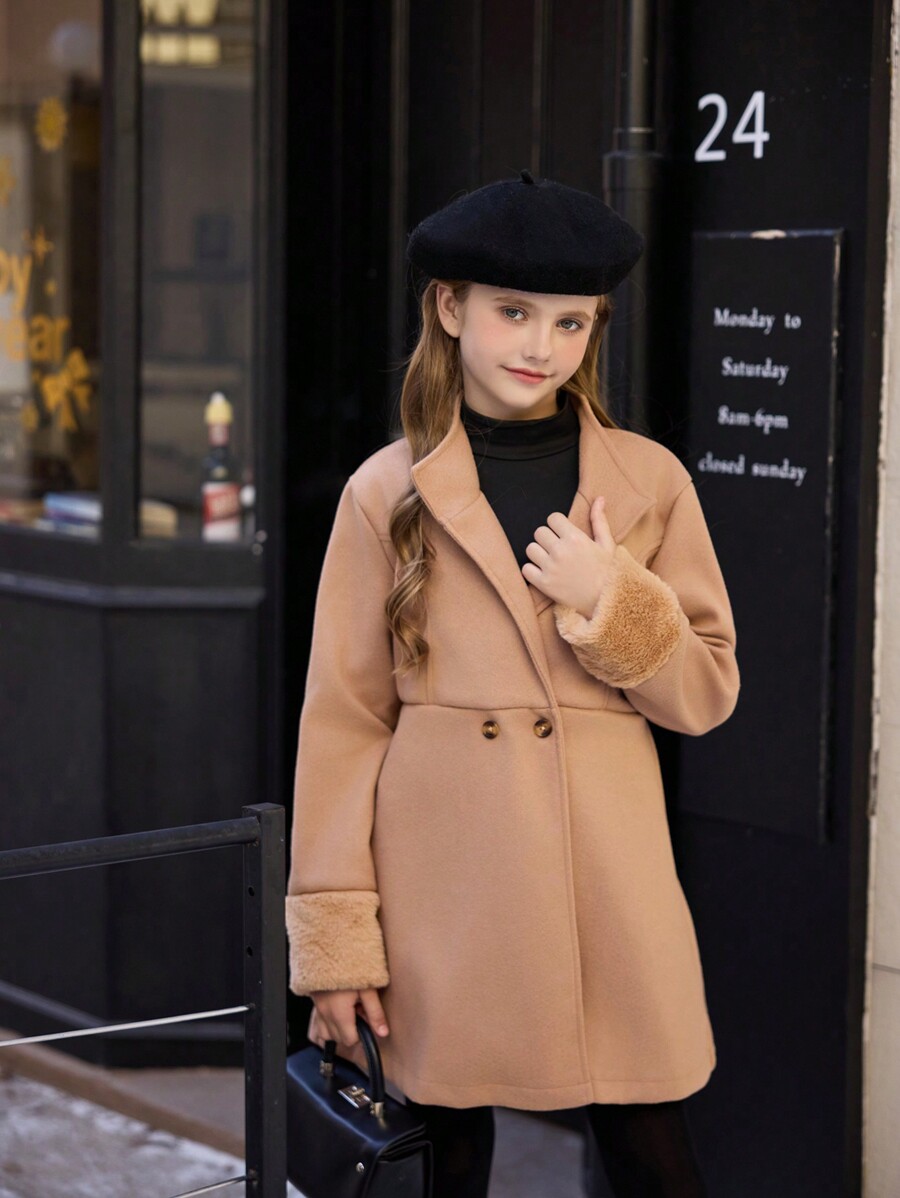 Tween Girl' Elegant & Overcoat With Collar And Fur Cuffs, Suitable For ...