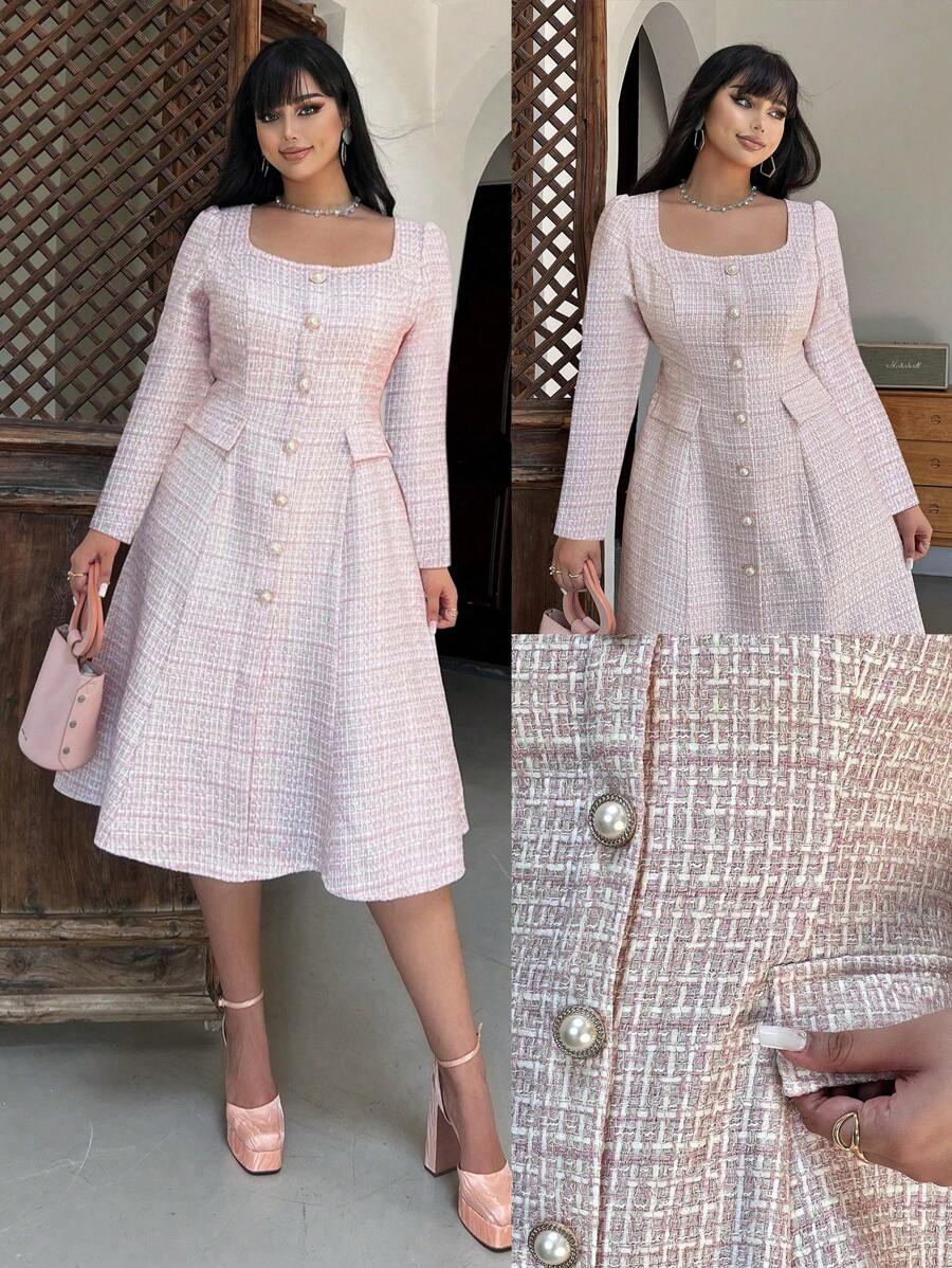 SHEIN MOD Robe tweed à manches longues et col carré, grande taille ...