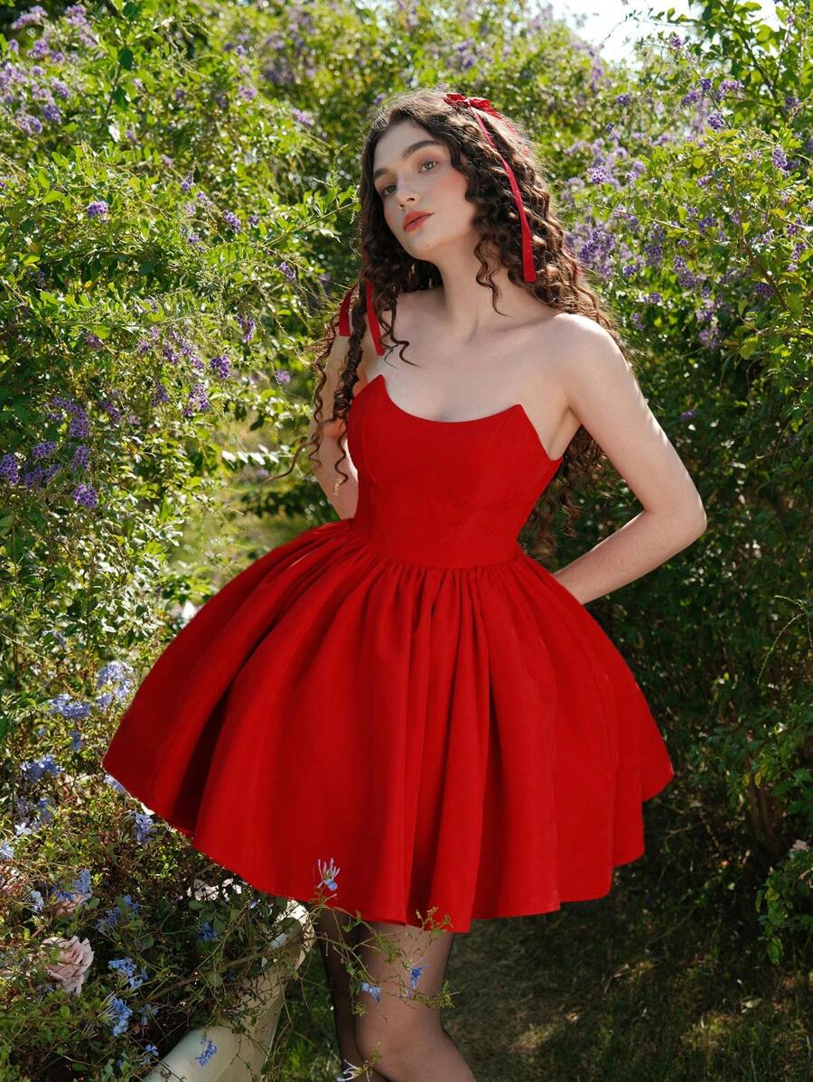 SHEIN MOD Red Mini Puff Dress. The Boning And Layers Of Pleated Skirt ...