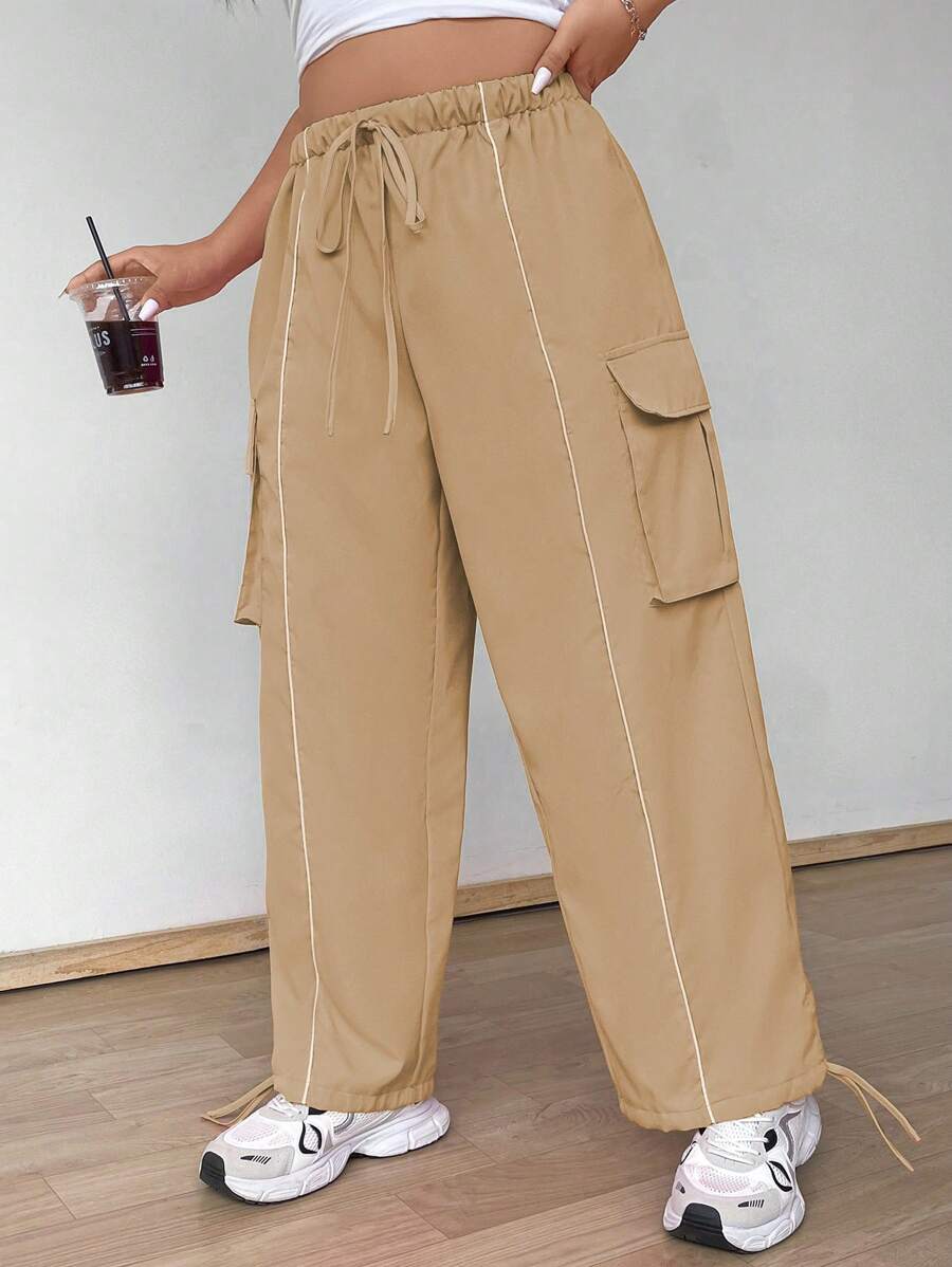 Flirla Plus Size Elastic Waist With Drawstring Utility Pocket Trim ...