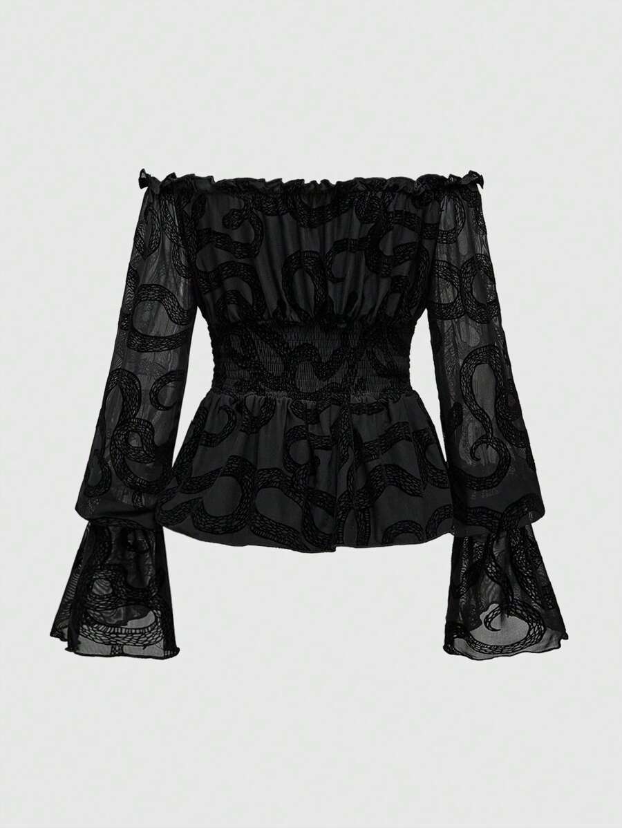 ROMWE Goth Gothic Palace Style Snake Print Flocked Off-Shoulder Top ...