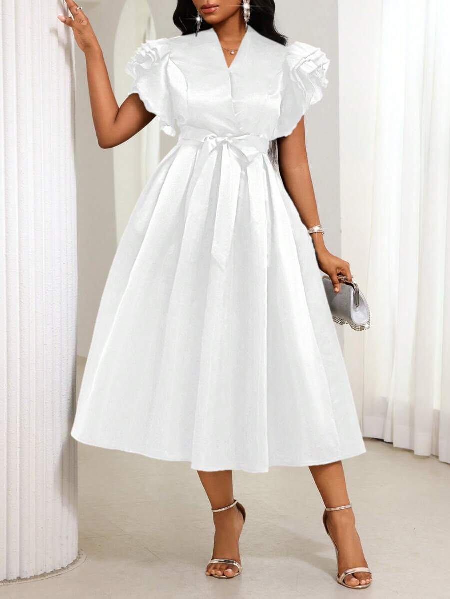 SHEIN Lady Women's Black Romantic Elegant V-Neck Petal Sleeve Midi A ...