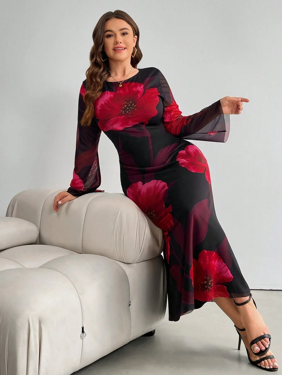 Firerie Plus Floral Mesh Panel Ruffle Trim Bodycon Dress, Romantic Date ...