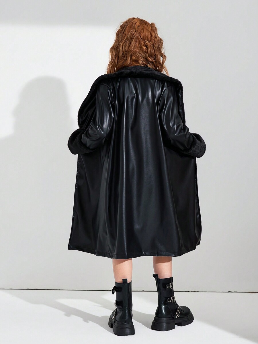 SHEIN Tween Girls Elegant & Faux Leather Long Coat With Fluffy Collar ...