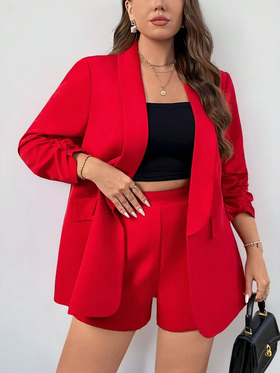 SHEIN Privé Plus Size Women Burgundy Mid-Length Formal Blazer And ...