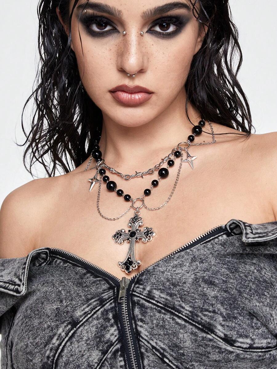 Romwe Grunge Punk Gothic Style Luxury Black Crystal Cross And Beaded