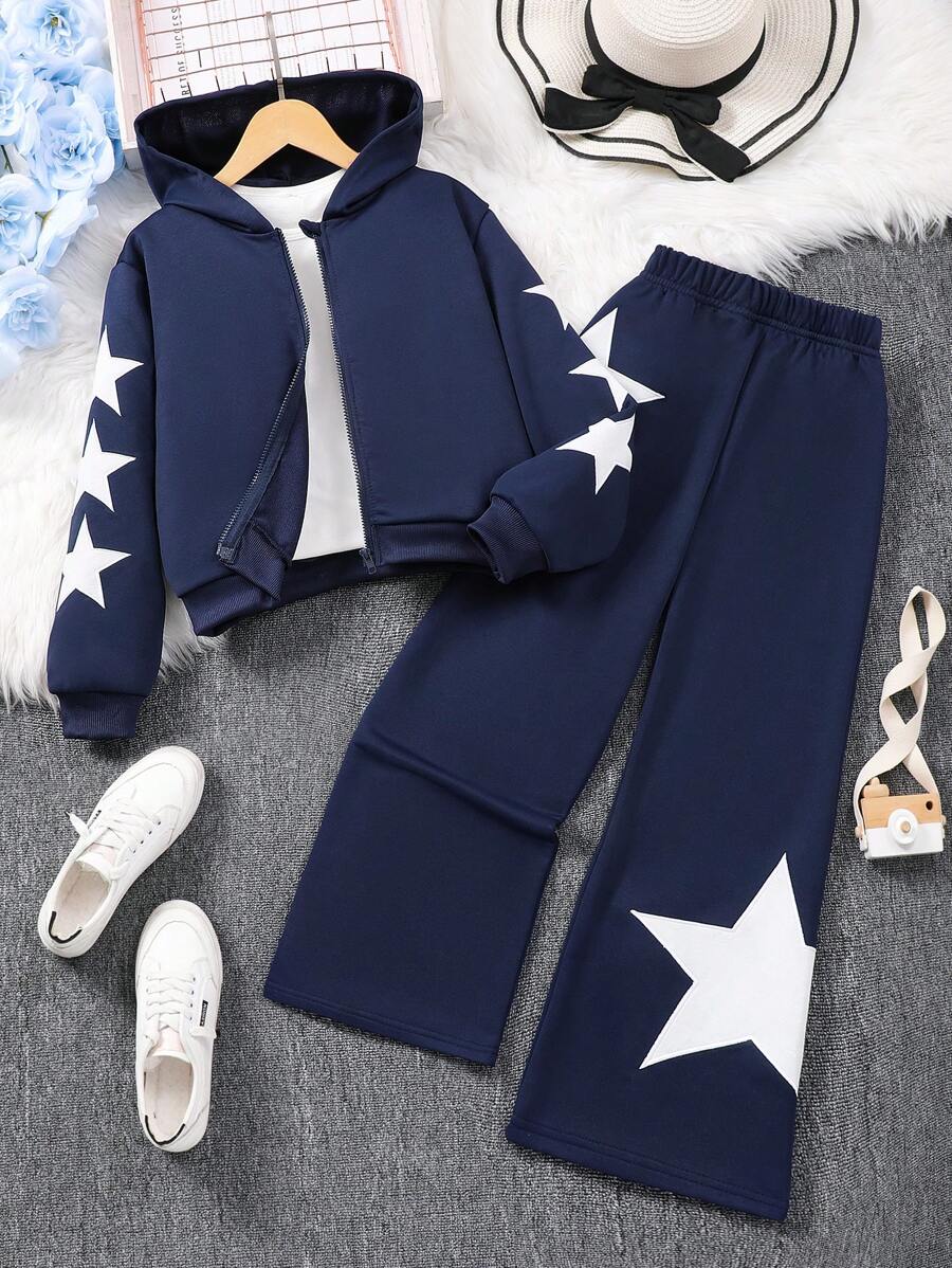 SHEIN Conjunto de Moletom com Capuz e Bordado de Estrela para Meninas ...