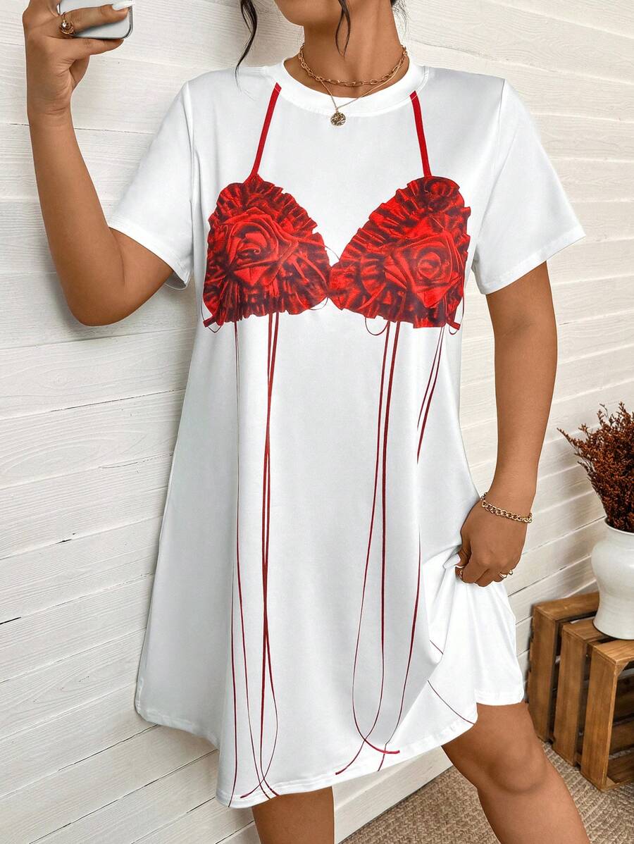 SHEIN Relaxiva Plus Size Women 3D Floral Digital Print Casual Valentine ...