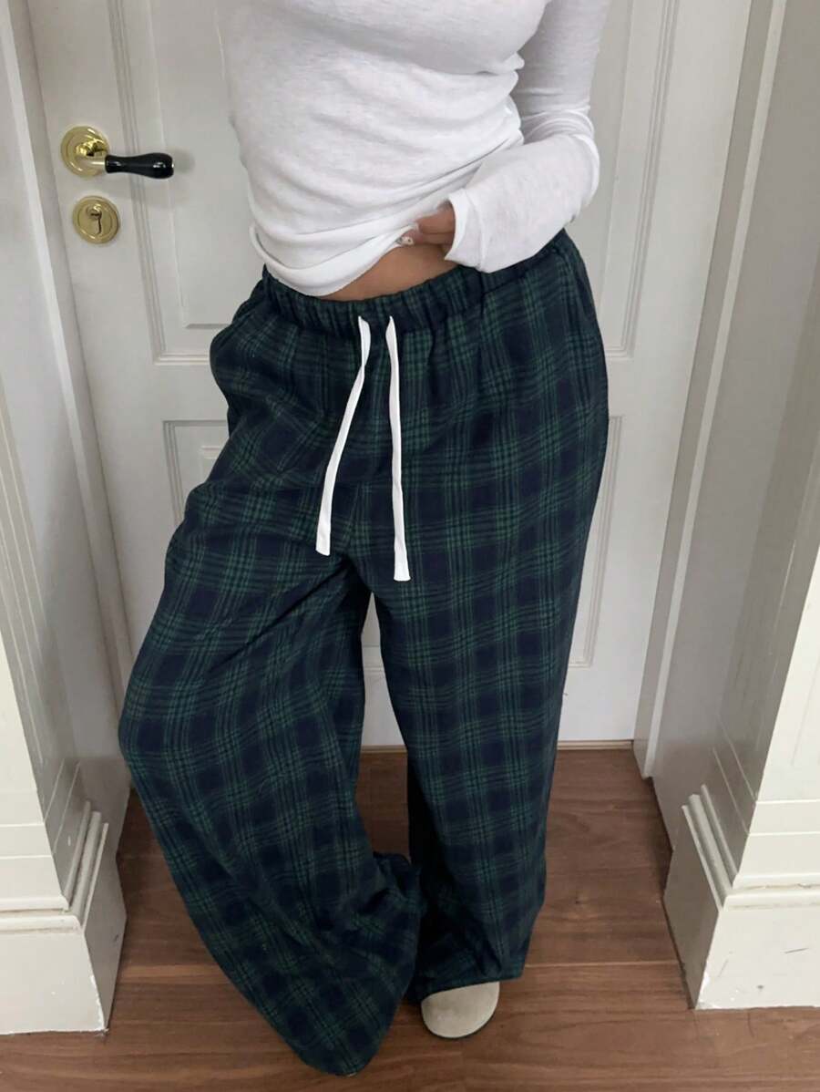 SHEIN CovetEZ Women's Plaid Color Block Green Blue Loose Wide Leg Pants ...