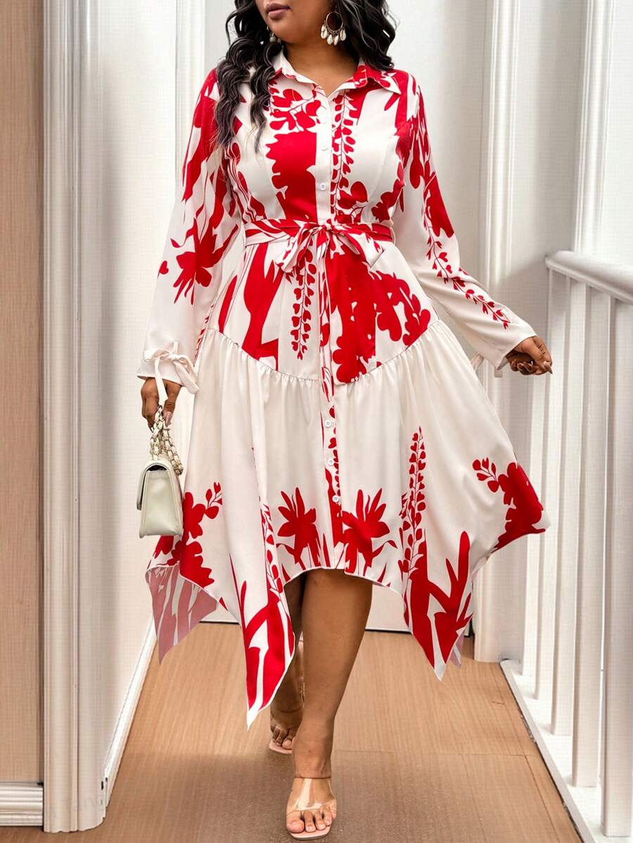 SHEIN Privé Plus Size Women Plant Print Asymmetric Hem Elegant Shirt ...