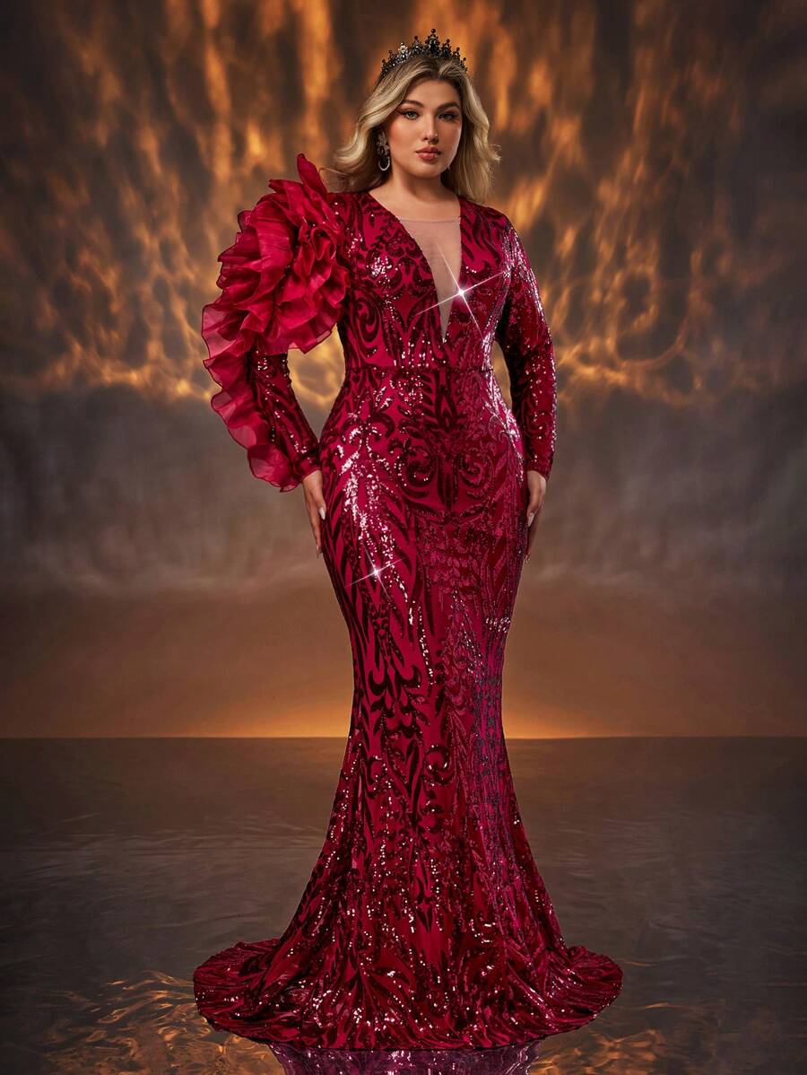 Glamrae Plus Size Elegant Romantic Wine Red Deep V Neck Sequined ...