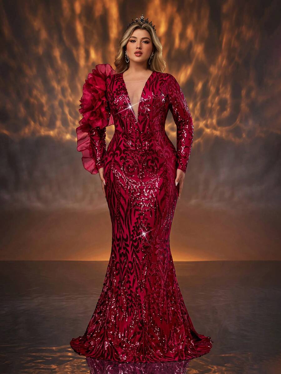 Glamrae Plus Size Elegant Romantic Wine Red Deep V Neck Sequined ...