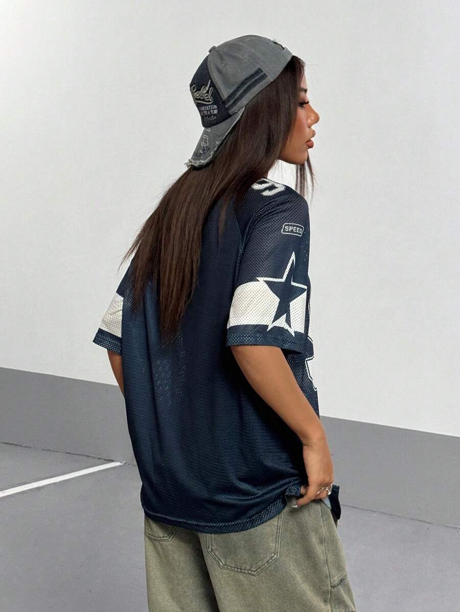 StreetHx Women's Numeric Print Short Sleeve Mesh Colorblock Loose Fit ...