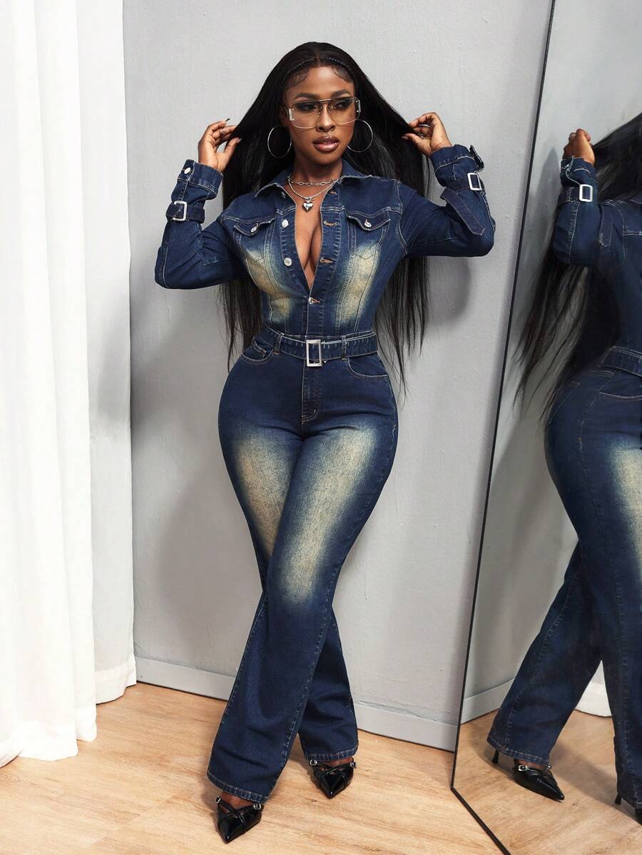 SHEIN Slayr Women Retro Style Long Sleeve Denim Jumpsuit | SHEIN USA