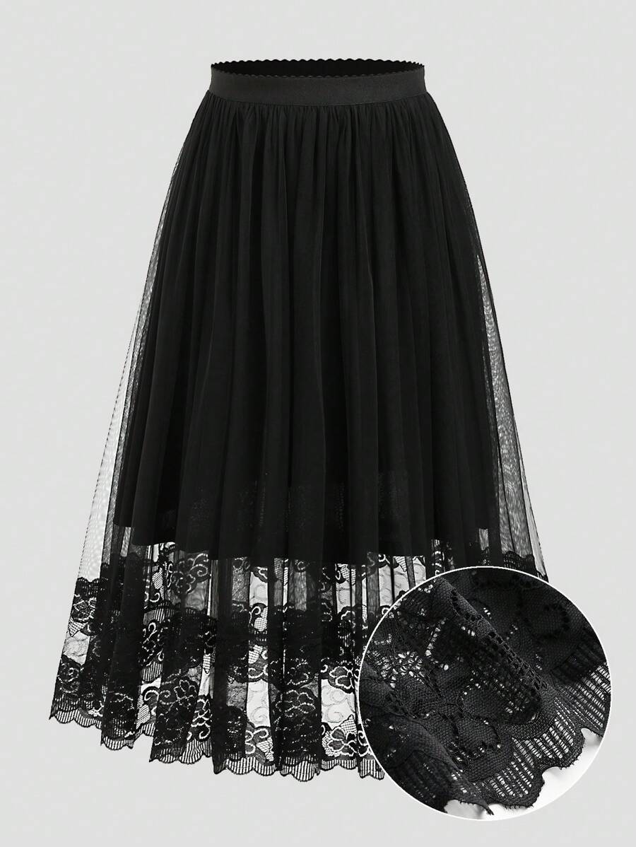 Celure Plus Size Women Elastic Waist Long Mesh Skirt Patchwork Lace Hem ...