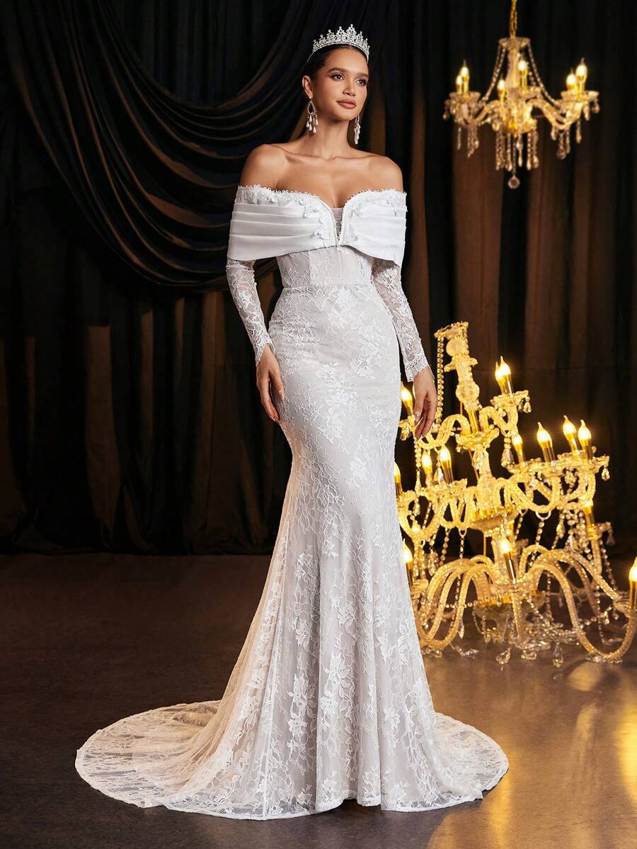 Glamrae Elegant Luxurious Off-Shoulder Satin & Lace Patchwork Mermaid ...