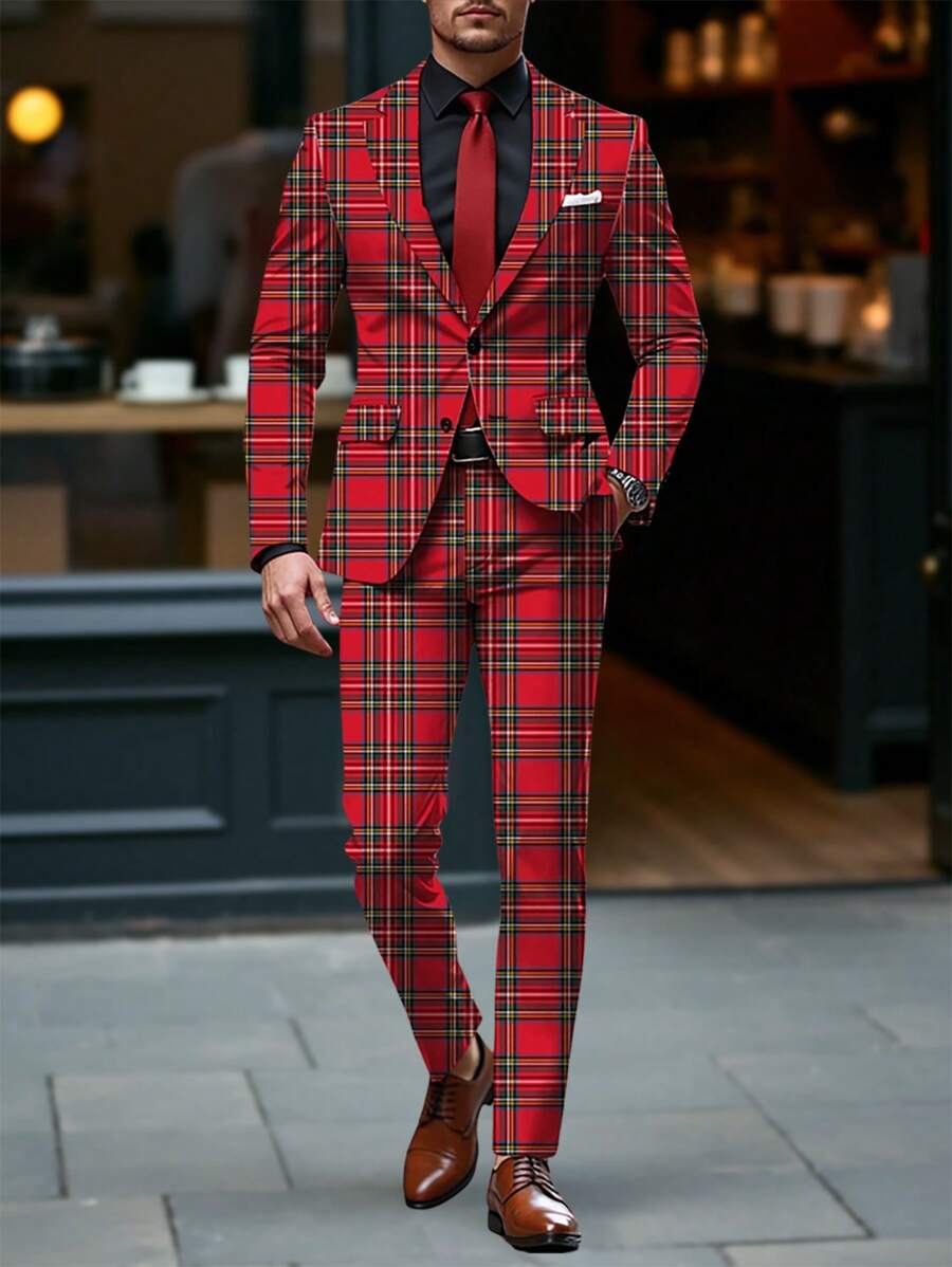 Manfinity Homme ชุดสูท 2 ชิ้น/เซ็ต เสื้อเบลเซอร์สก็อตสีแดง และกางเกง ...