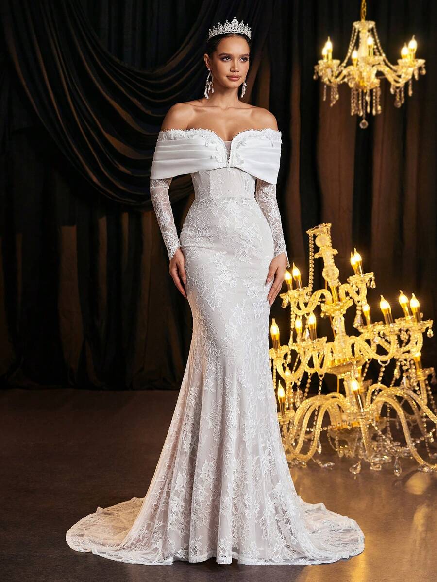 Glamrae Elegant Luxurious Off-Shoulder Satin & Lace Patchwork Mermaid ...