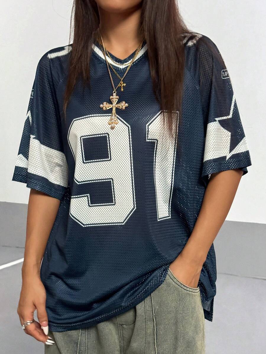 StreetHx Women's Numeric Print Short Sleeve Mesh Colorblock Loose Fit ...