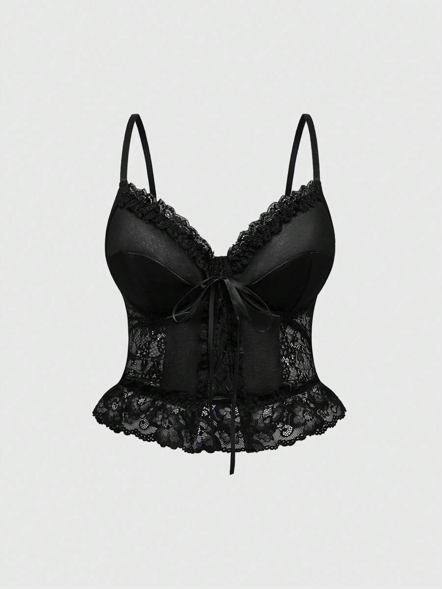 ROMWE Goth Plus Size Women Vintage Gothic Lace Patchwork Ribbon Strap Satin Camisole For ...