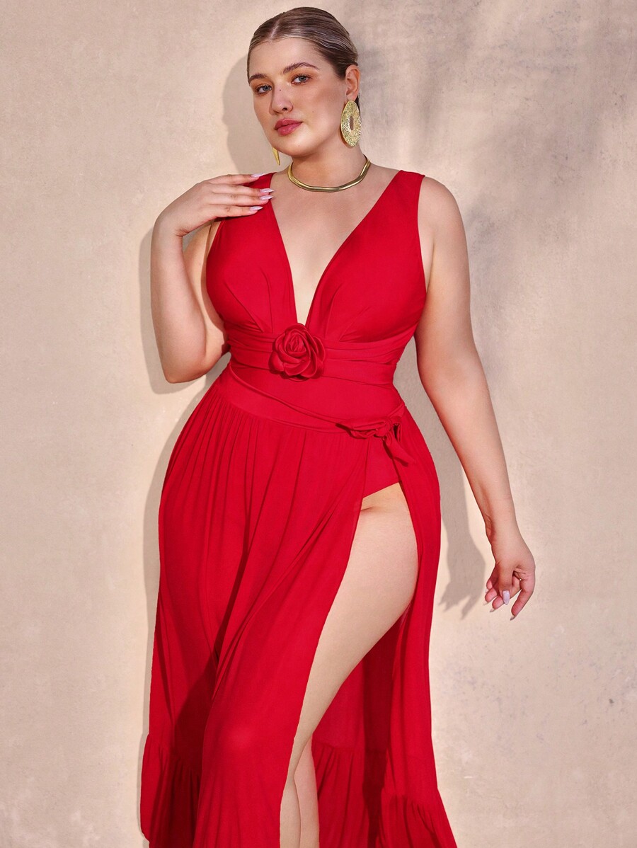 SHEIN Swim Oasis 2-Piece Plus Size Women's Red Floral Petal Decor ...