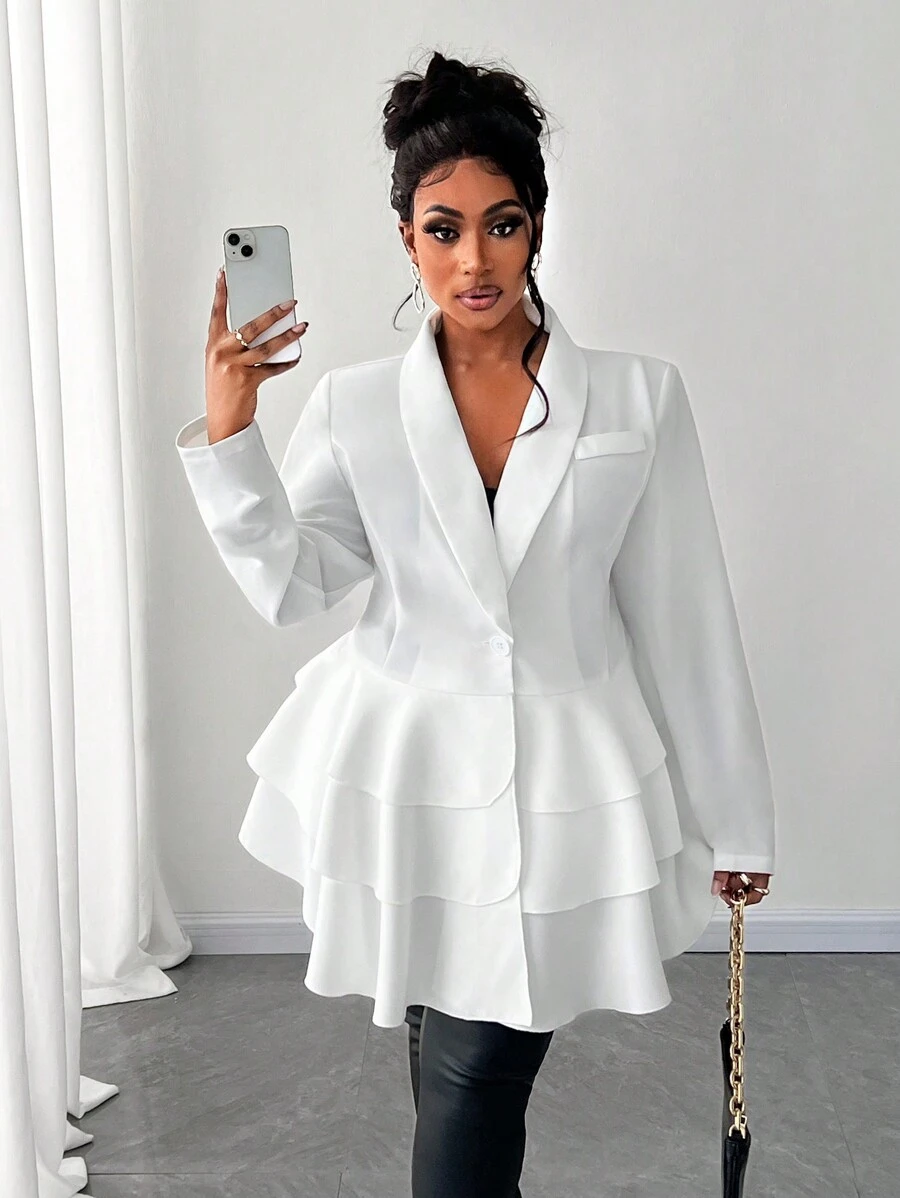 Maweii Plus Size Ruffled Single Breasted Long Sleeve Blazer | SHEIN USA