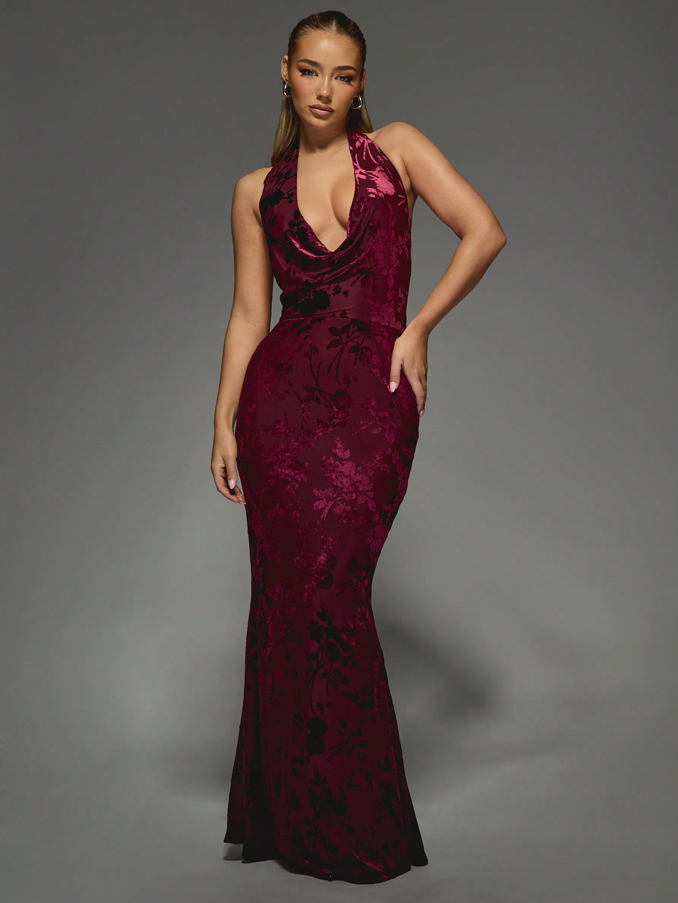 Devore Plunge Cowl Halter Neck Backless Maxi Dress | MISSGUIDED