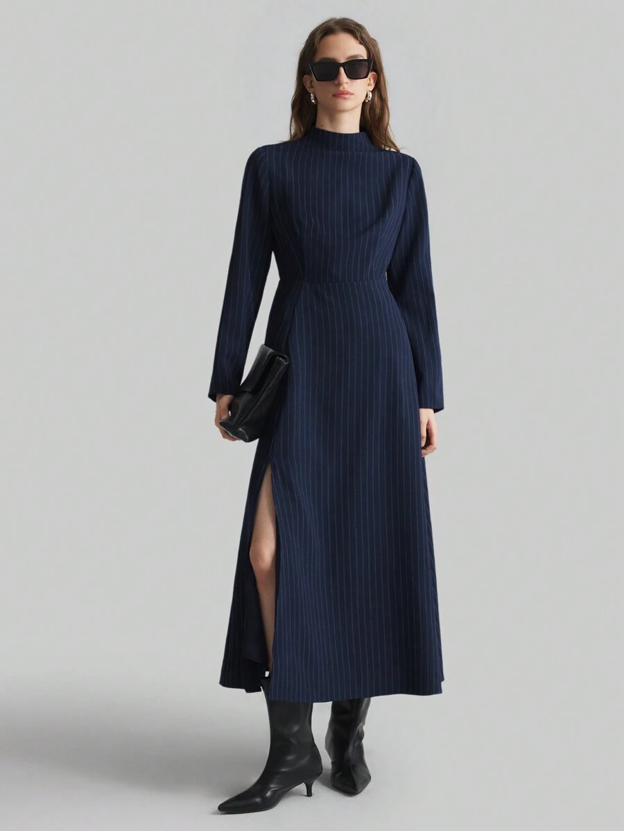 Ontre Navy Blue Mock Neck Long Sleeve A-Line Split High Low Campus ...