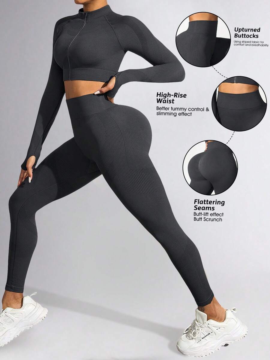 SHEIN Sport Studio Women Solid Color Zip Front Long Sleeve Top And ...