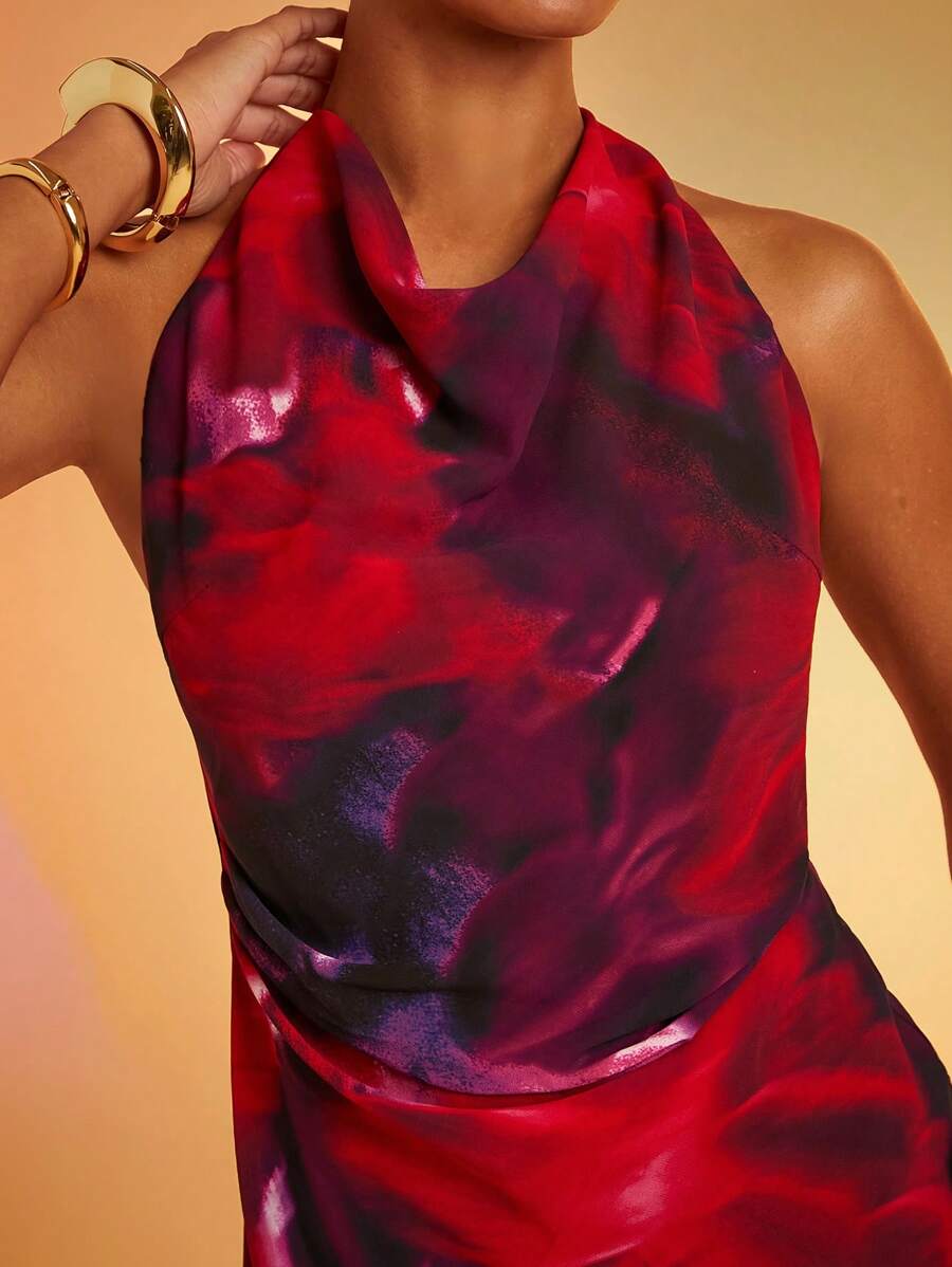 Hauture Printed Mesh High Cowl Neck Backless Halter Mini Dress | SHEIN USA